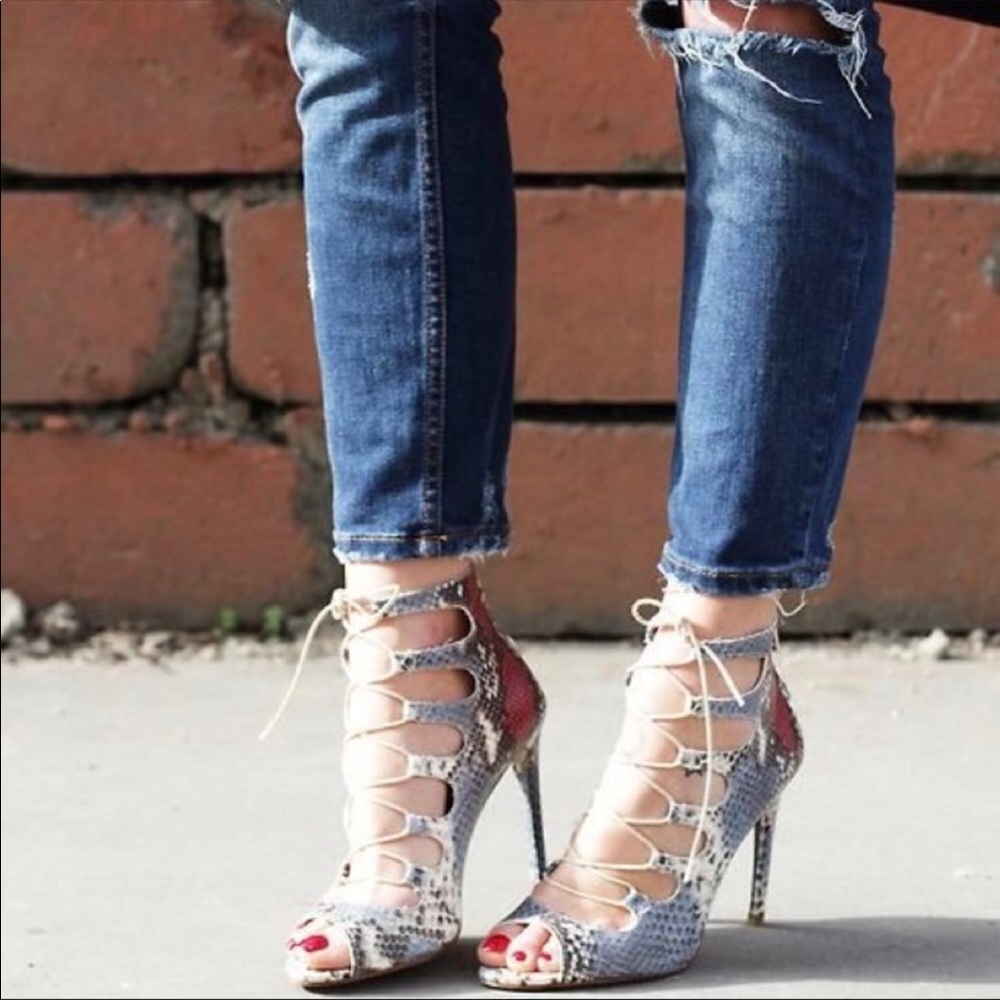 Zara Gladiator Snake Print Strappy Heels - Gem